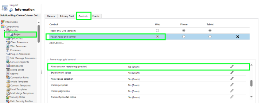 Enable column reordering in views in power apps grid control